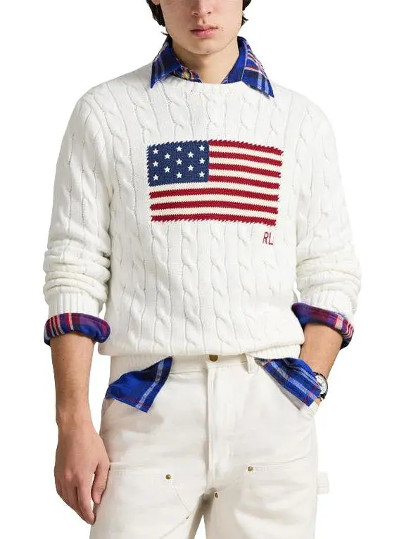 Polo Ralph Lauren Flag Intarsia Cabled Cotton Crewneck Sweater - Ceramic White