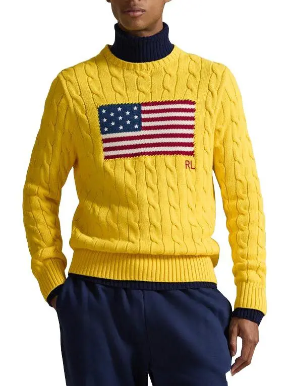 Polo Ralph Lauren Flag Intarsia Cabled Cotton Crewneck Sweater - Lemon Crush