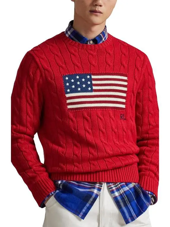 Polo Ralph Lauren Flag Intarsia Cabled Cotton Crewneck Sweater - Red