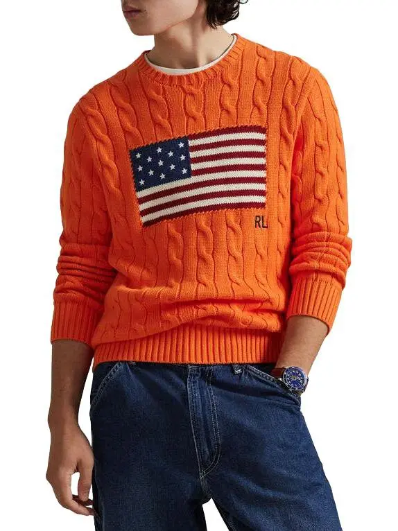 Polo Ralph Lauren Flag Intarsia Cabled Cotton Crewneck Sweater - Sailing Orange