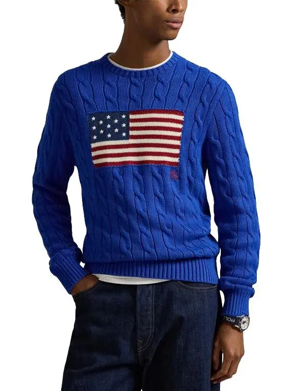 Polo Ralph Lauren Flag Intarsia Cabled Cotton Crewneck Sweater - Sapphire Star