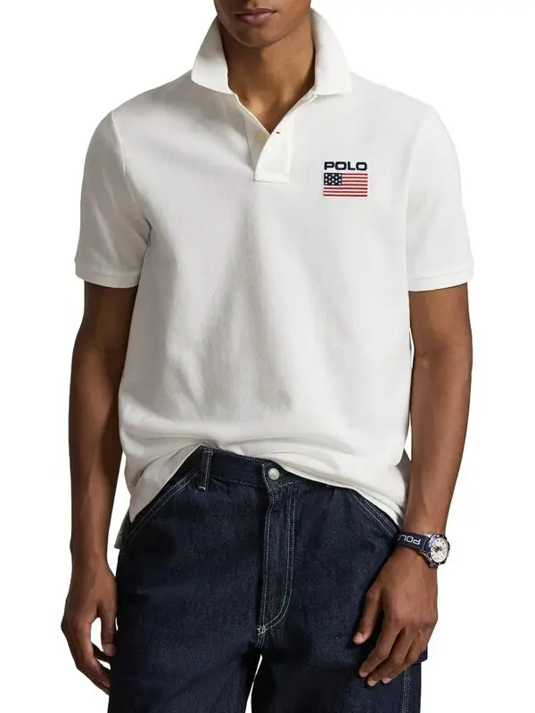 Polo Ralph Lauren Classic Fit Flag Embroidered Piqué Polo - White
