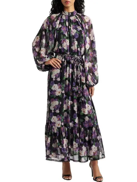 EN SAISON Jasmine Floral Tie Waist Maxi Dress - Black Purple Maue