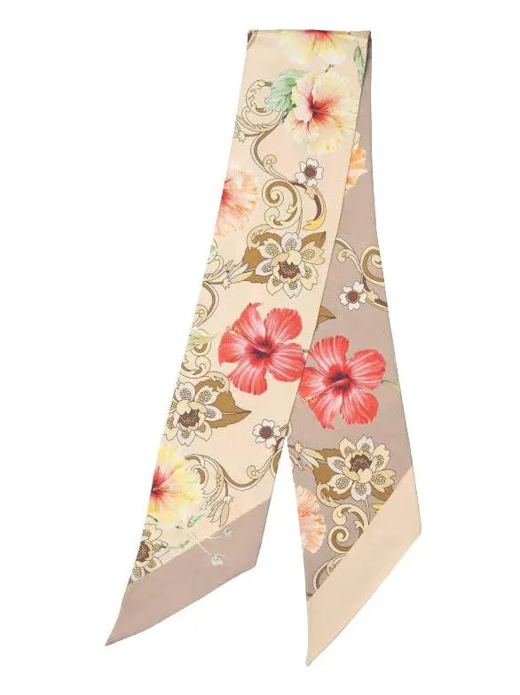 ELIZABETTA Floral Print Skinny Silk Scarf - Vanilla