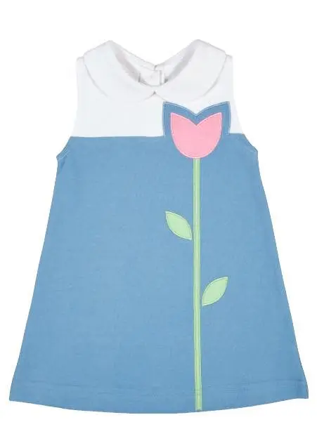 FLORENCE EISEMAN Pique Knit A-line Dress With Tulip Applique - Blue