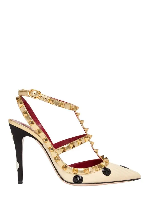 Valentino Garavani 100mm Rockstud Sequined Leather Caged Pumps - Butter White