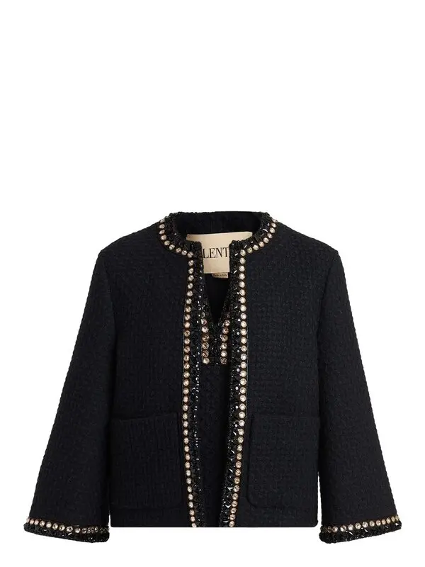 Valentino Garavani Wool Jacquard Open Coat With Crystal Trim - Nero