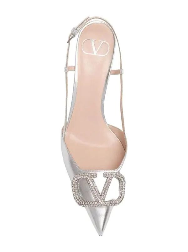 Valentino Garavani 80mm Vlogo Signature Strass Metallic Leather Slingback Pumps - Silver