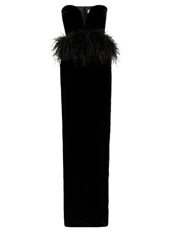 THE NEW ARRIVALS ILKYAZ OZEL Feather-appliquéd Velvet Maxi Dress - Black
