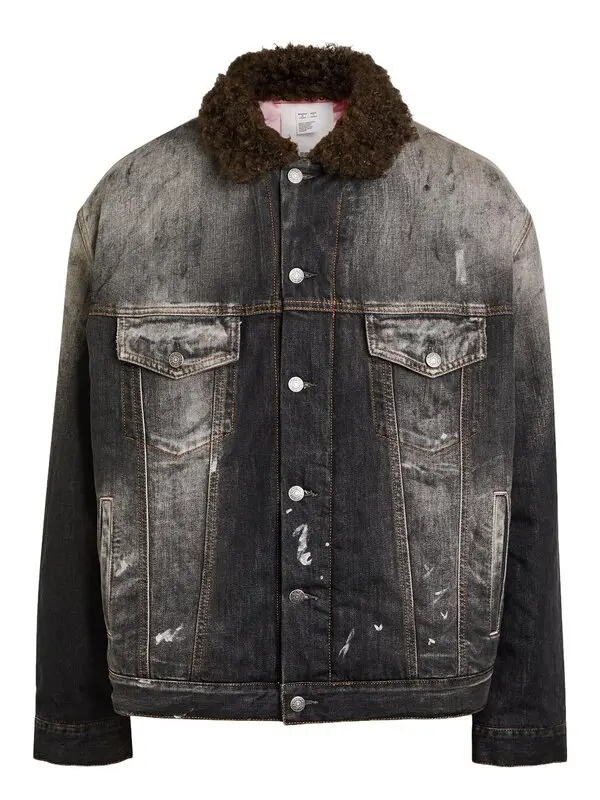 Acne Studios Washed Paint Splattered Faux Shearling Denim Jacket - Black