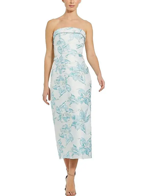 Mac Duggal Brocade Strapless Column Midi Dress - French Blue