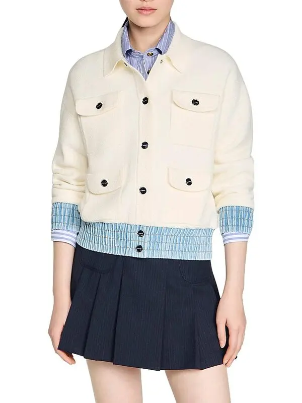 Sandro Madeen Boucle Denim Trim Cardigan - Ecru
