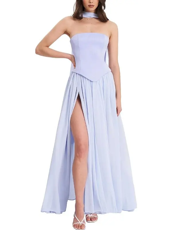 MISS CIRCLE Qianna Peplum Top Chiffon Gown With Scarf - Baby Blue