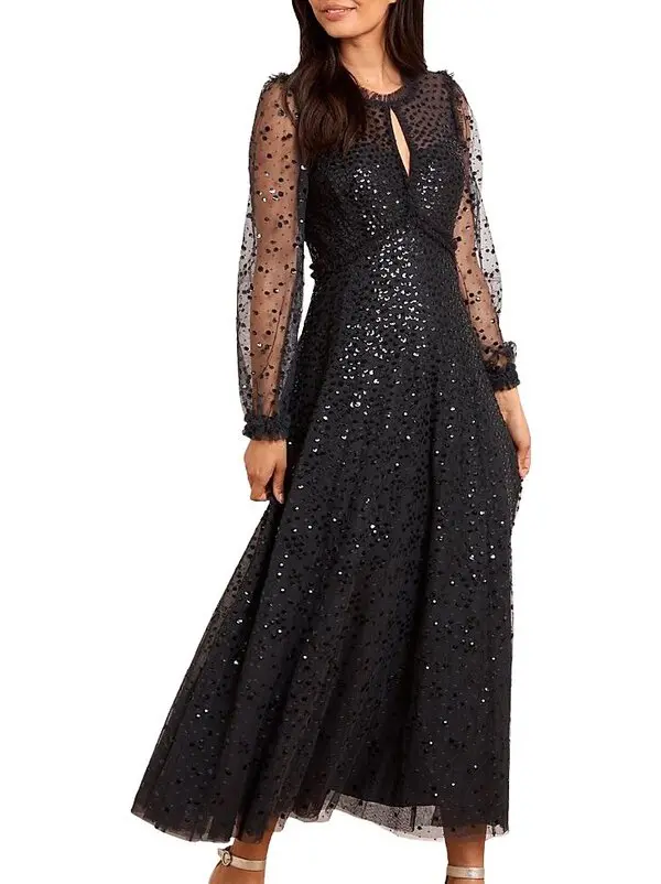NEEDLE & THREAD Dappled Sequin Long Sleeve Gown - Graphite