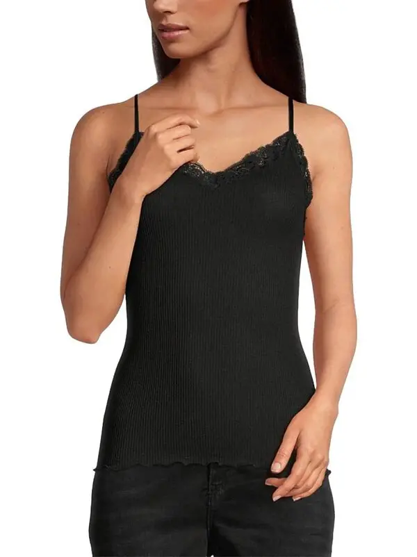 OSCALITO Ribbed Wool & Silk Camisole With Lace Trim - Black