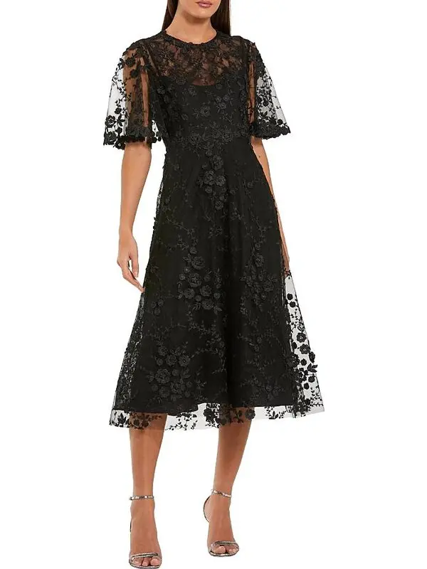 Mac Duggal Flutter Sleeve Floral Embroidered Midi Dress - Black