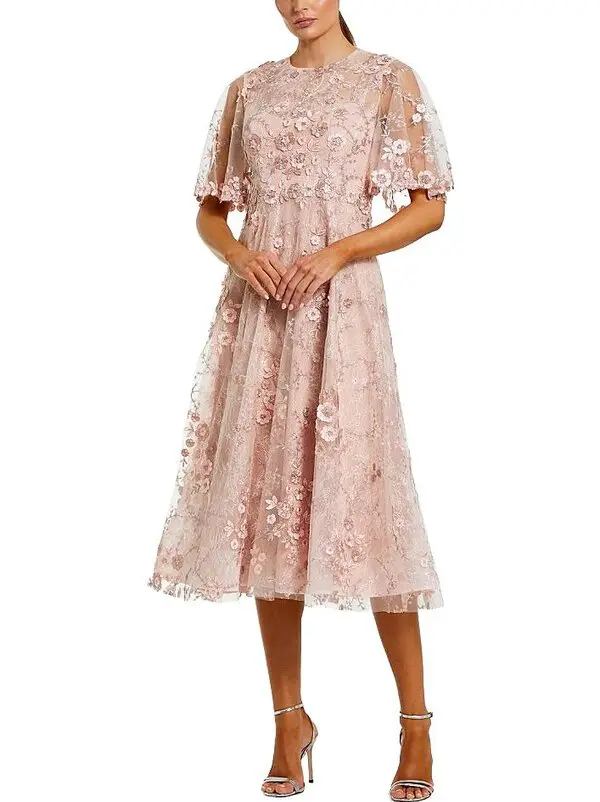 Mac Duggal Flutter Sleeve Floral Embroidered Midi Dress - Blush