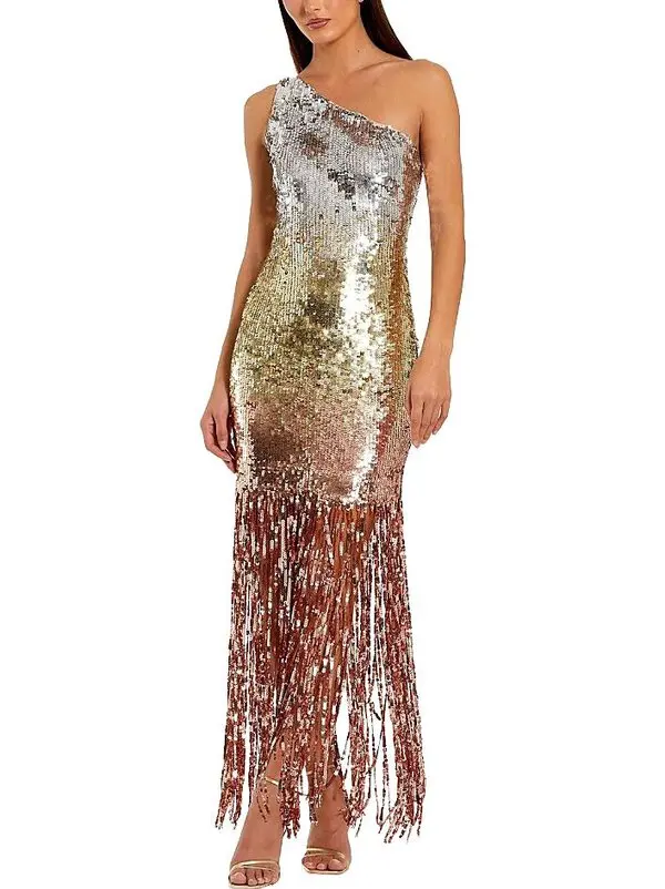 Mac Duggal Ombre Sequin Fringe One Shoulder Gown - Gold Silver Ombre