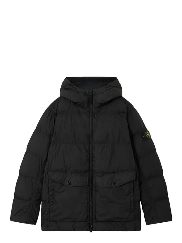 Stone Island Crinkle Hooded Down Jacket In Recycled Nylon Rep - Black