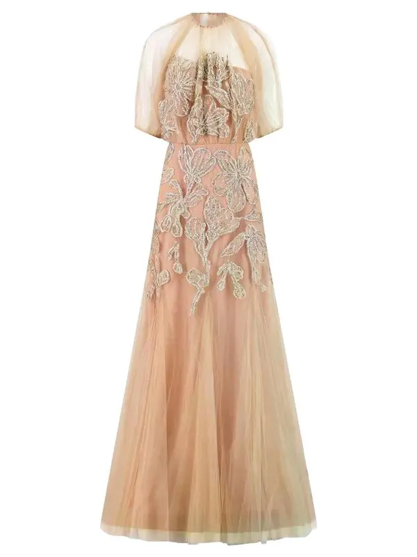 Lela Rose Floral Embroidered Tulle Gown - Neutrals