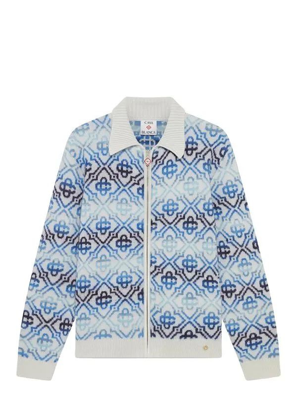 Casablanca Space Dye Monogram Long Sleeve Merino Cardigan - Blue
