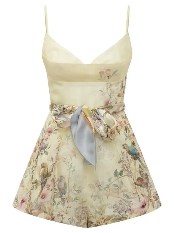 Zimmermann Floral Print Playsuit With Waist Ribbon - Yellow