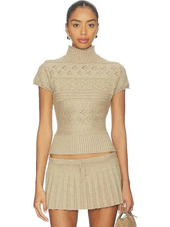 GUIZIO Cable Knit Turtleneck Top - Warm Taupe