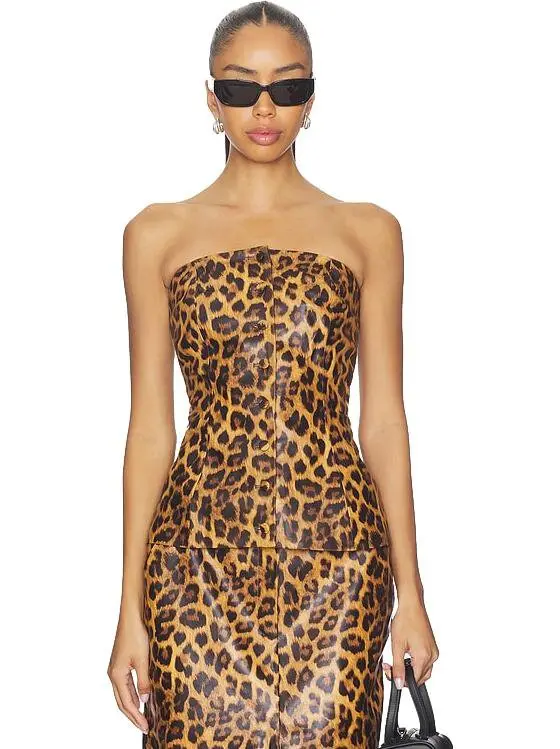 AEXAE Leather Bandeau Peplum Top - Leopard