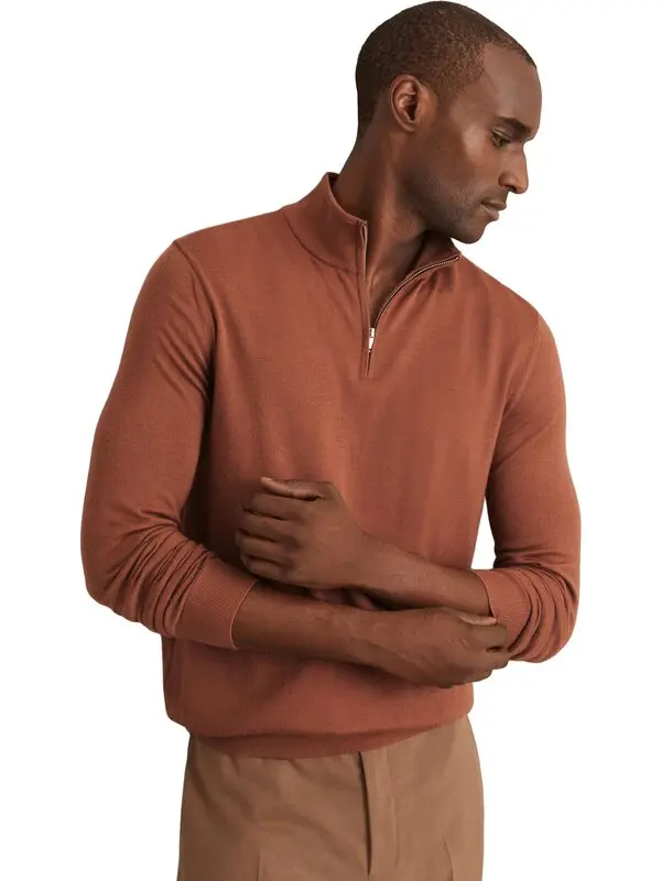 REISS Blackhall Merino Wool Half-zip Jumper - Cinnamon Brown