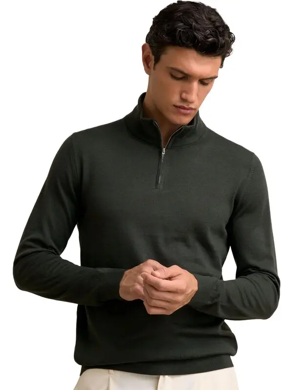 REISS Blackhall Merino Wool Half-zip Jumper - Dark Military Green