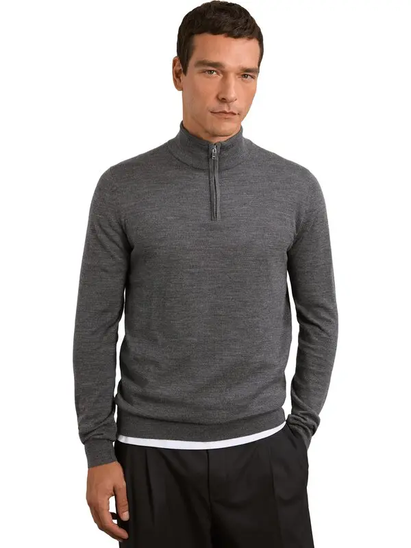 REISS Blackhall Merino Wool Half-zip Jumper - Derby Grey Melange