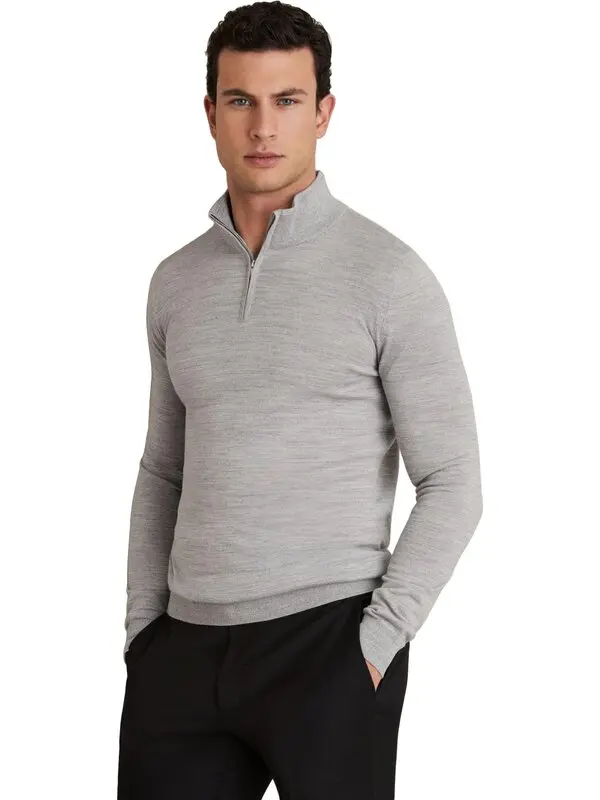 REISS Blackhall Merino Wool Half-zip Jumper - Soft Grey Mouline