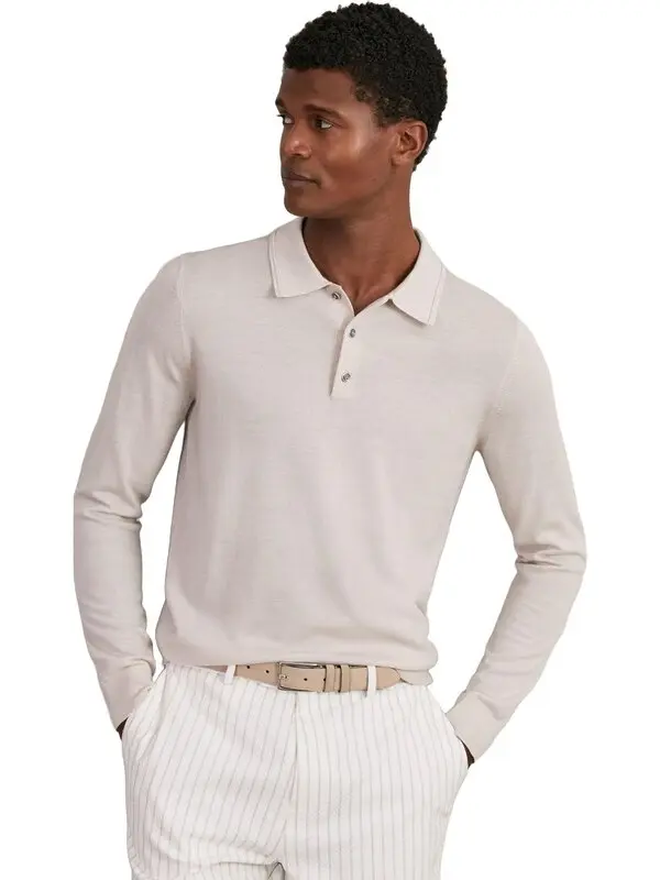REISS Trafford Merino Wool Long-sleeve Polo Shirt - Beige