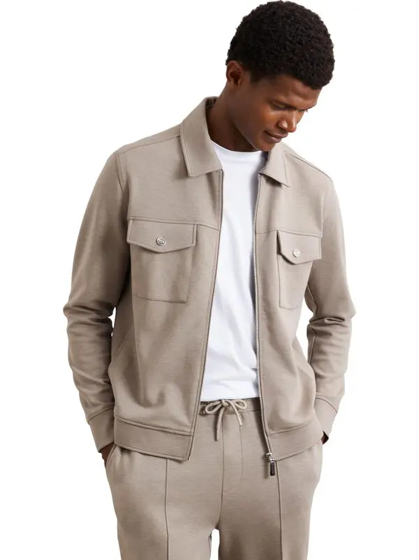 REISS Medina Premium Interlock Zip-through Overshirt - Taupe Brown