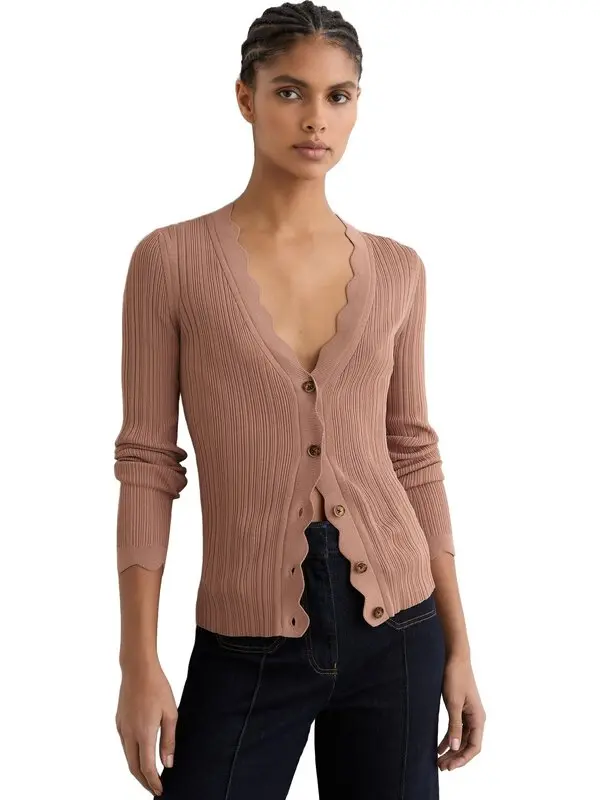 REISS Vinny Rib-knit Scallop-trim Cardigan - Pink