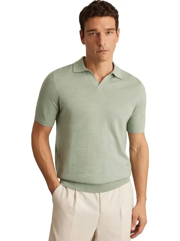 REISS Duchie Merino Wool Open-collar Polo Shirt - Sage Green Melange