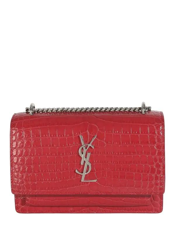Saint Laurent Calfskin Crocodile Embossed Monogram Sunset Chain Wallet - Red