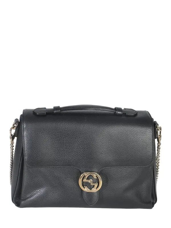 Gucci Pebbled Calfskin Interlocking G Flap Bag - Black