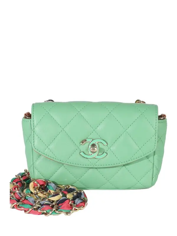 Chanel Quilted Lambskin Ribbon Chain Flap Bag - Green