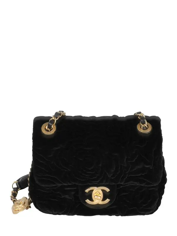 Chanel Camellia Embossed Velvet Square Flap Bag - Black