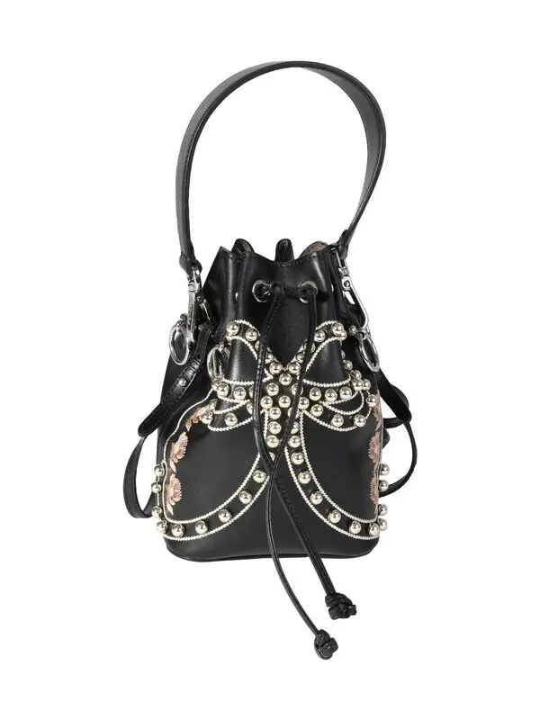 Fendi Leather Studded Bow Mon Tresor Bucket Bag - Black