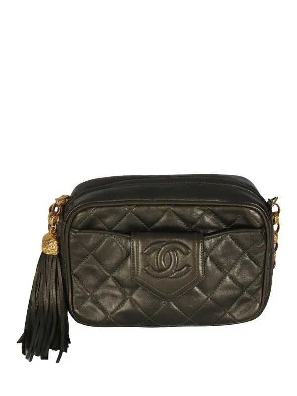 Chanel Vintage Metallic Quilted Lambskin Tassel Camera Bag - Green