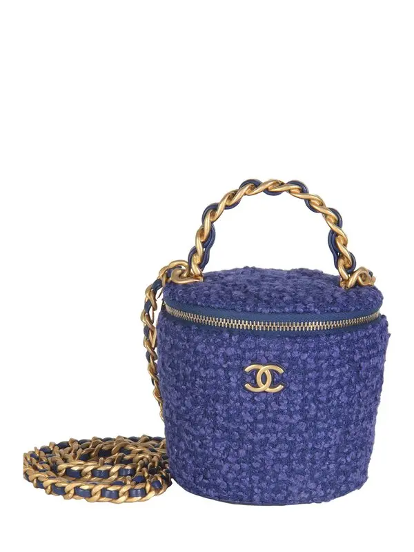 Chanel Quilted Tweed Top Handle Vanity Case With Chain - Blue