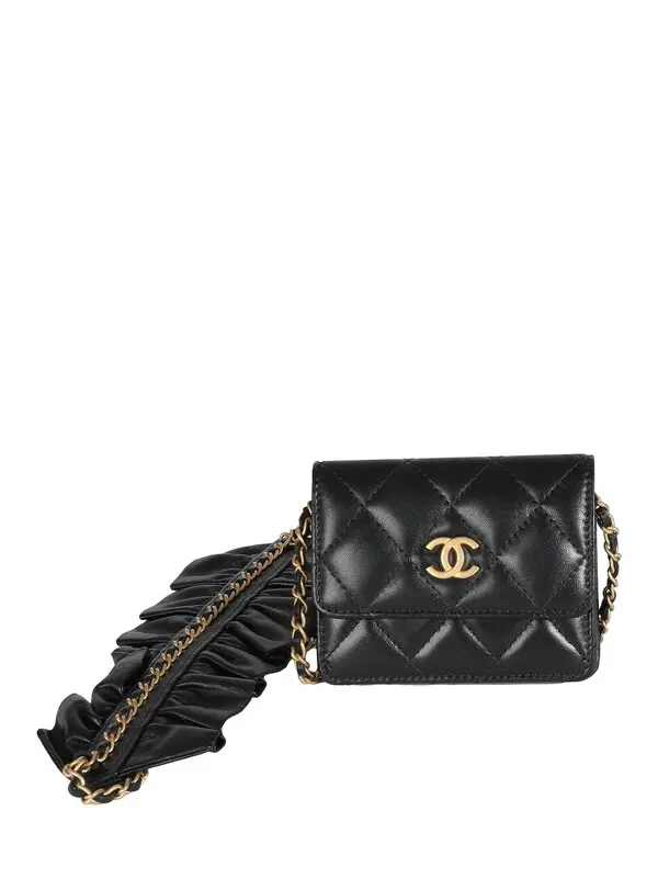 Chanel Quilted Lambskin Ruffled Card Holder On Chain - Black