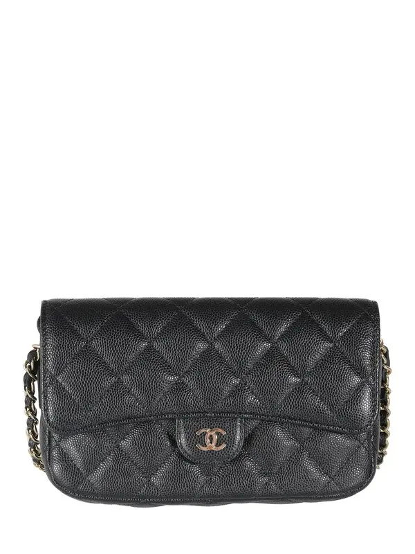 Chanel Quilted Caviar Flap Phone Handbag With Chain - Black