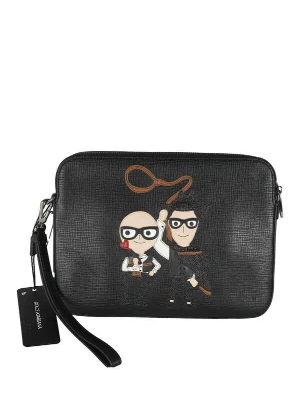 Dolce & Gabbana Textured Leather Cowboy Patch Double Zip Pouch - Black