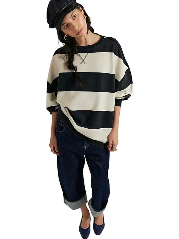 Free People Classic Striped Crewneck - Black Combo