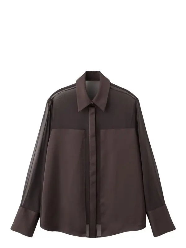 Mango Patchwork Sheer & Opaque Button-up Shirt - Chocolate