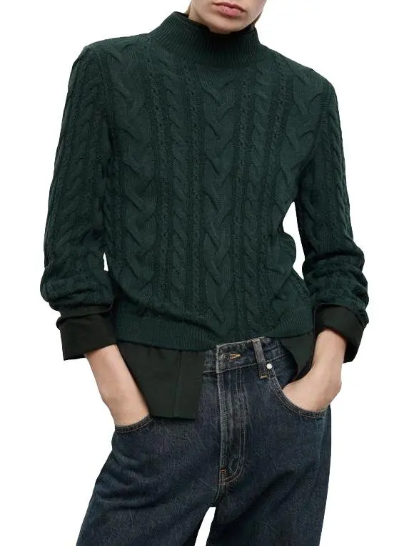 Mango Cable Stitch Mock Neck Sweater - Green