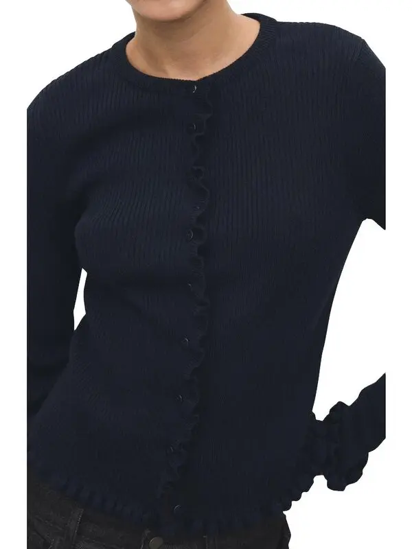 Mango Ruffle Trim Ribbed Cardigan - Navy